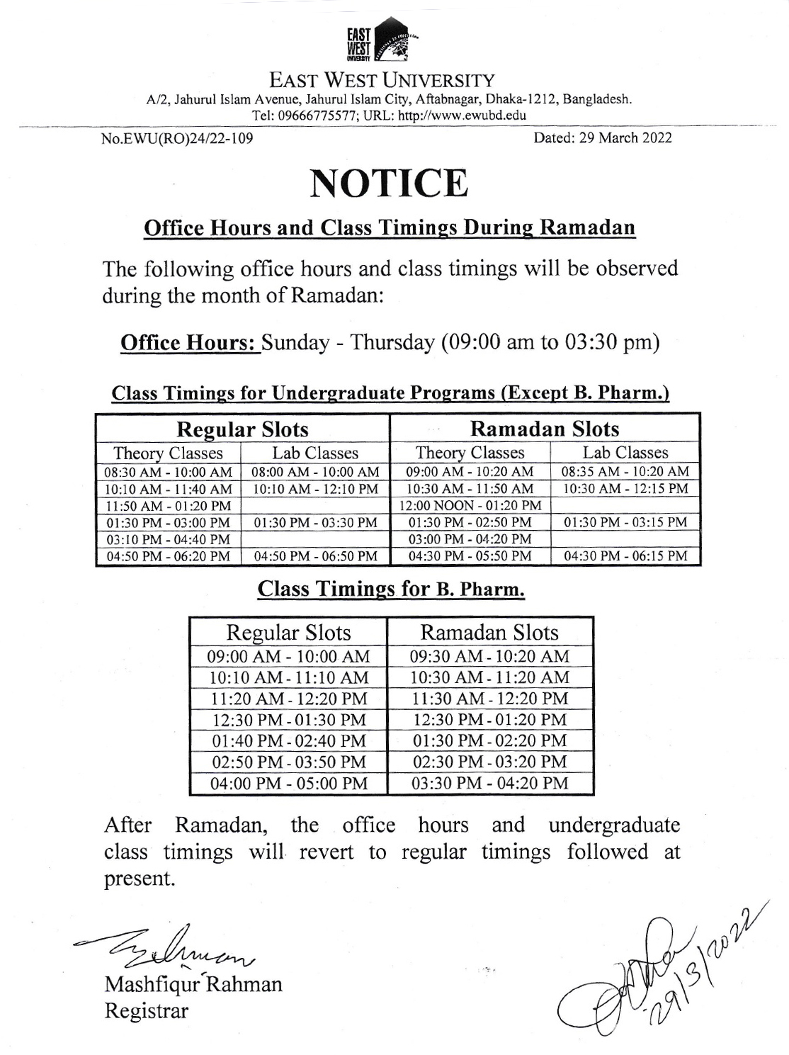 NOTICE Office Hours And Class Timings During Ramadan